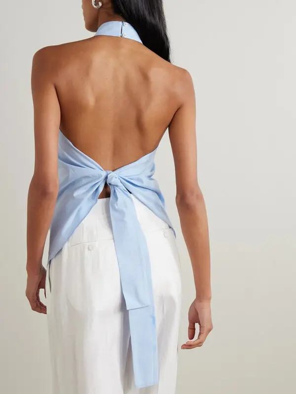 ST. AGNI Open-back Gathered Organic Cotton-poplin Halterneck Top - Blue