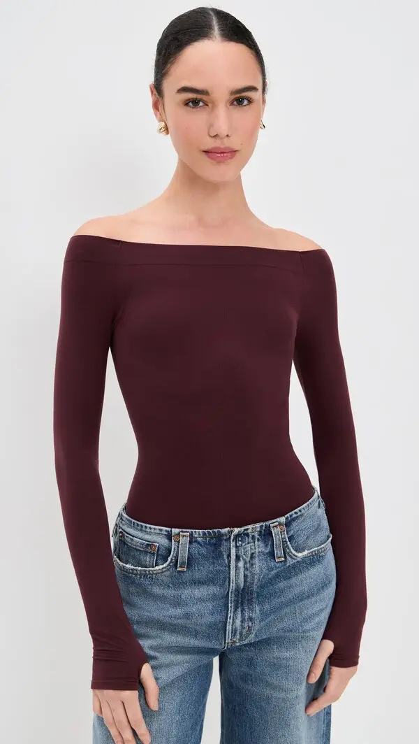 Commando Ballet Off-shoulder Bodysuit With Thumbholes - Raisin