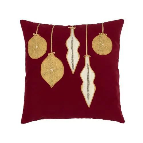 ELAINE SMITH Ornaments Hand Appliqued Indoor & Outdoor Woven Accent Holiday Pillow - Ruby