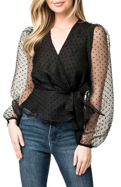 GIBSONLOOK Velvet Dot Organza Wrap Top