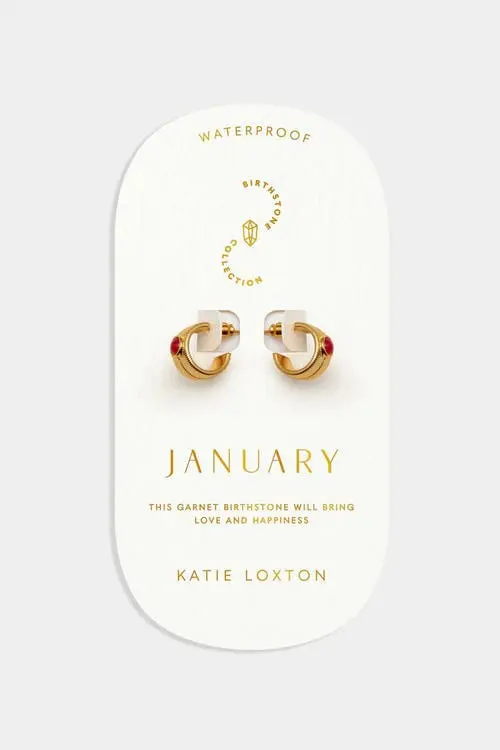 KATIE LOXTON Waterproof Gold Birthstone Hoop Earrings With Garnet - January