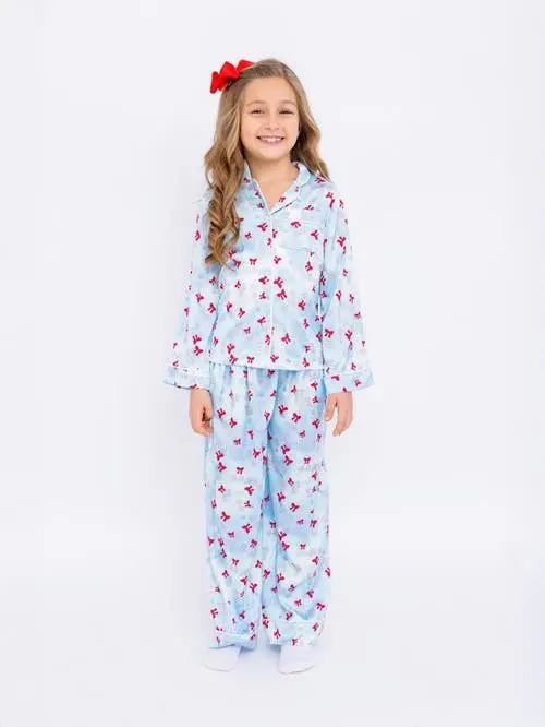 PREPPY GOOSE Disco Cherries Satin Long Sleeve Pajama Pant Set - Light Blue