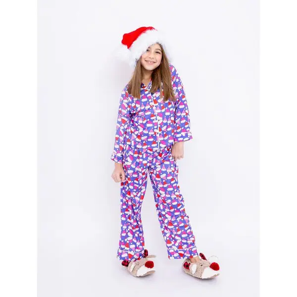 PREPPY GOOSE Santa Hat Satin Long Sleeve Pajama Pant Set - Periwinkle