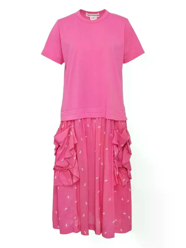 Comme Des Garçons Side Frills Leaf Pattern Midi Dress - Pink