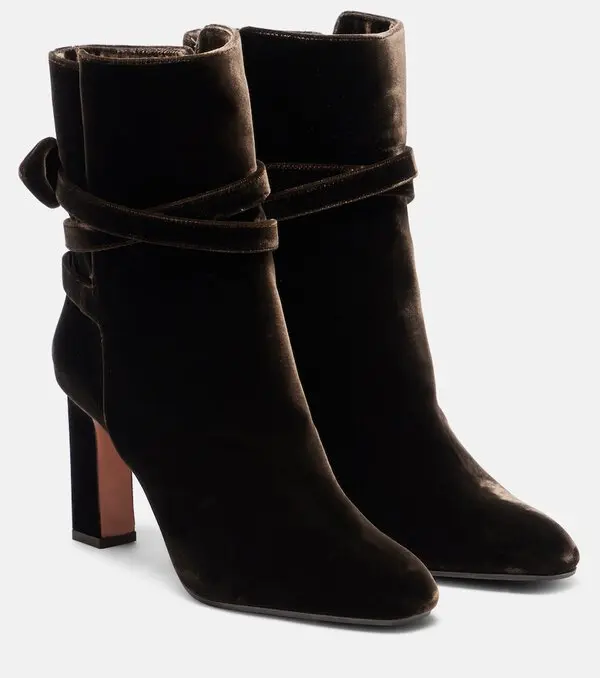AQUAZZURA Very Bow 85 Velvet Ankle Boots - Brown