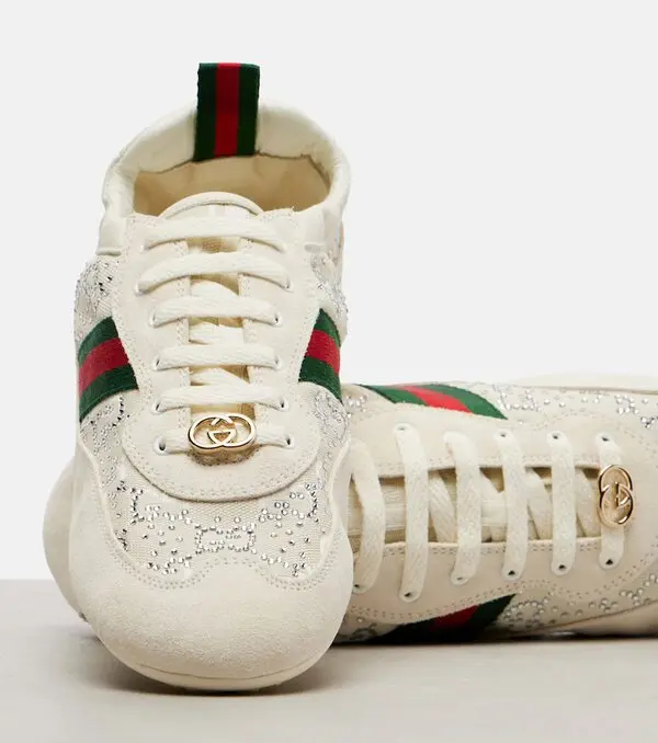Gucci Embellished Suede-trimmed Sneakers - White