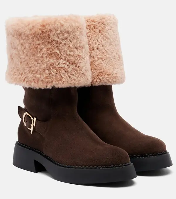FERRAGAMO Zaki Shearling-lined Suede Boots - Brown