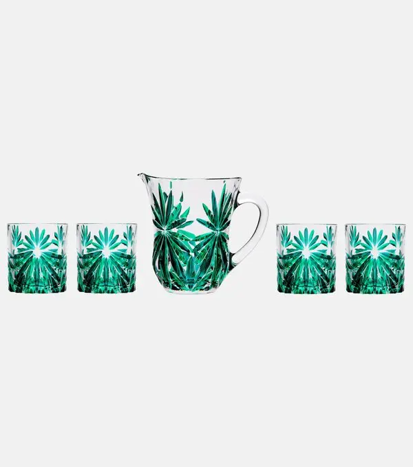 LES-OTTOMANS Set Of 4 Floral Crystal Tumblers And Jug - Green