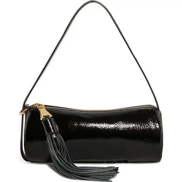 AIMEE Barrel Leather Shoulder Bag - Black Crinkle Patent