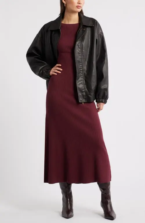 OPEN EDIT Long Sleeve Rib Maxi Dress - Burgundy Tannin