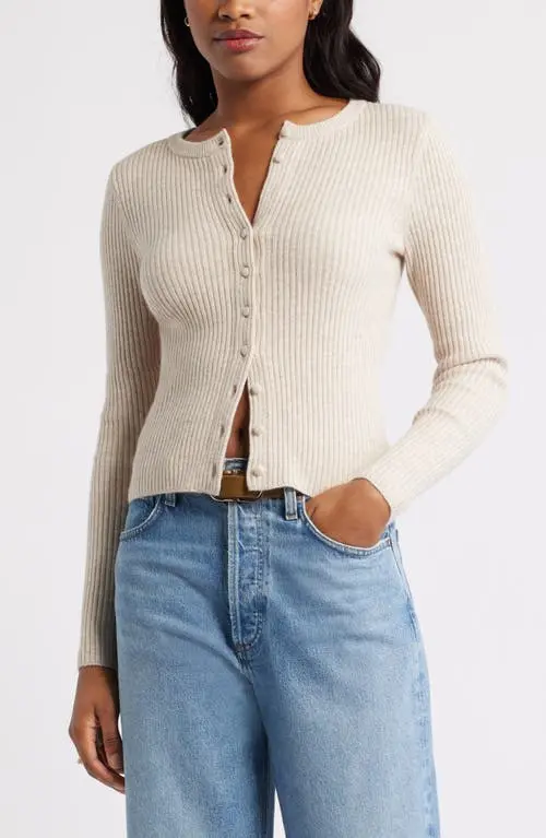 OPEN EDIT Ribbed Crewneck Cardigan - Beige Oatmeal Heather
