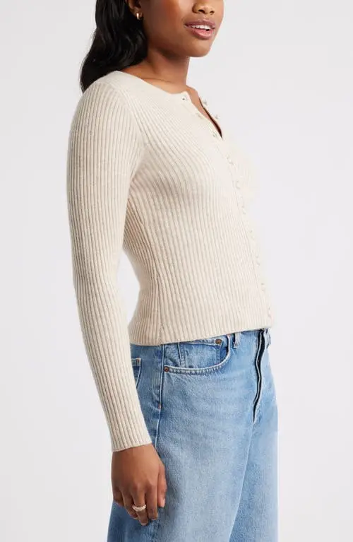 OPEN EDIT Ribbed Crewneck Cardigan - Beige Oatmeal Heather