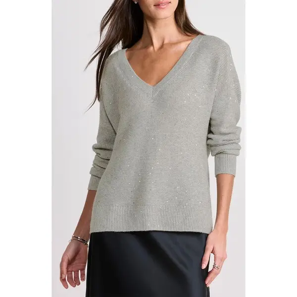 Vineyard Vines Sequin Accent Wool & Cashmere V-neck Sweater