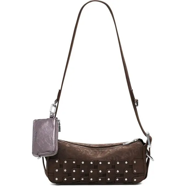 Desigual Studded Patchwork Faux Leather Baguette Bag - Dark Brown