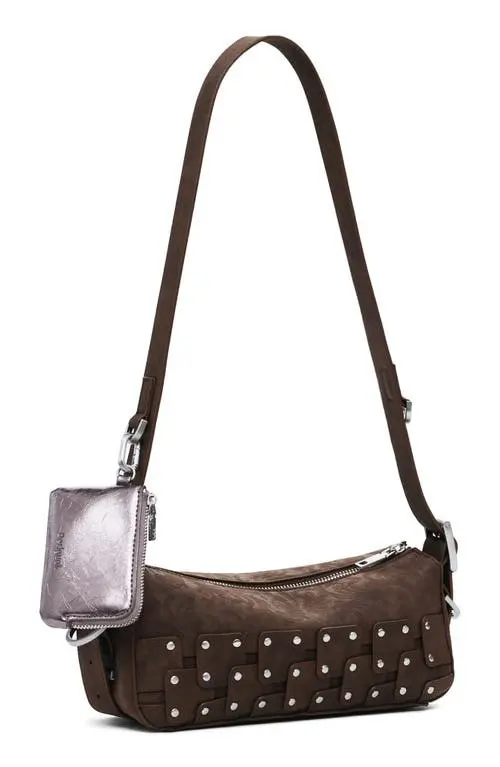 Desigual Studded Patchwork Faux Leather Baguette Bag - Dark Brown