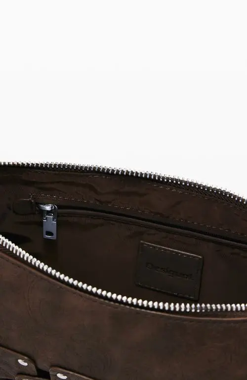 Desigual Studded Patchwork Faux Leather Baguette Bag - Dark Brown