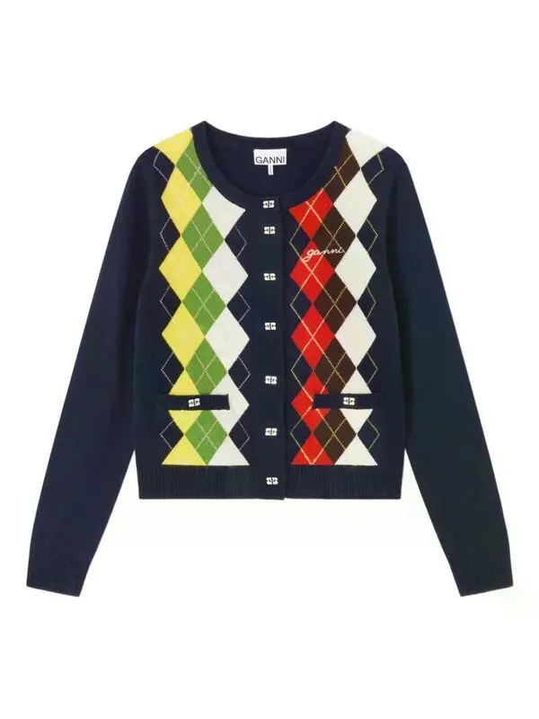 GANNI Argyle Print Cardigan - Blue