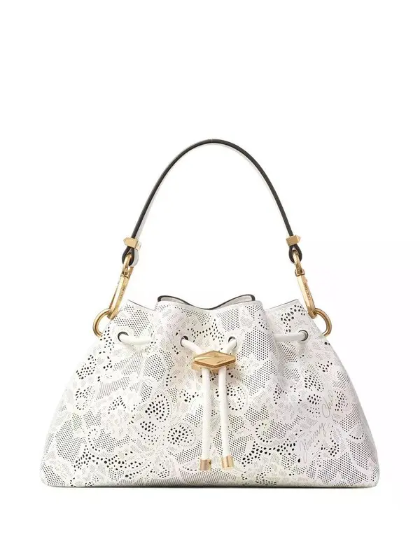 JIMMY CHOO Small Cinch Perforated Lace Shoulder Bag - White