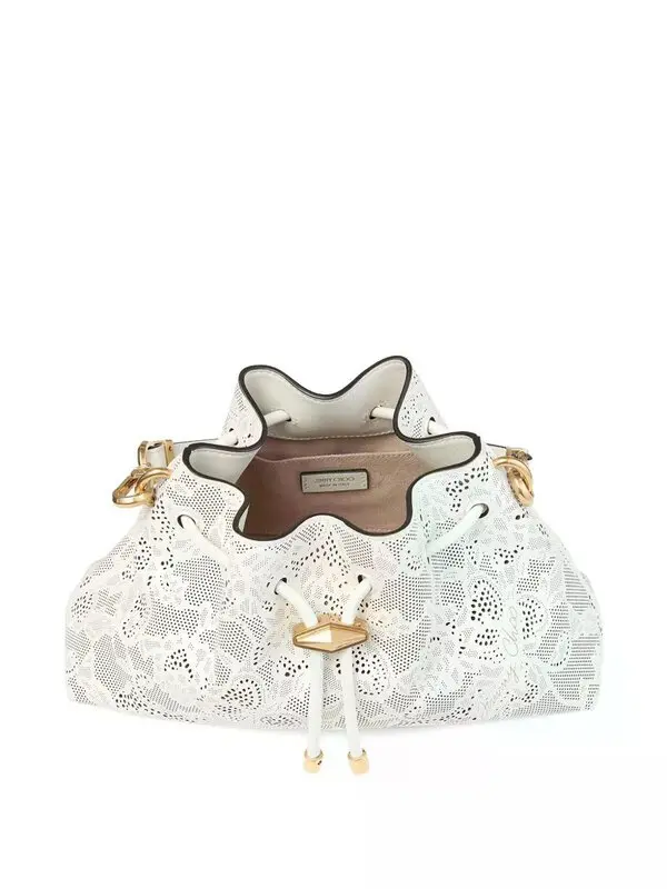 JIMMY CHOO Small Cinch Perforated Lace Shoulder Bag - White