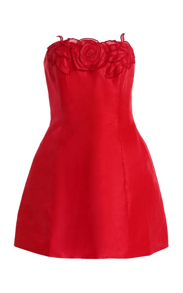 LEO LIN Exclusive Rosario Appliquéd Linen Bustier Mini Dress - Red