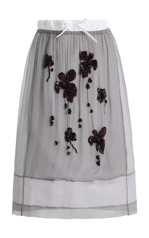 Prada Embroidered Silk Chiffon Midi Drawstring Skirt - Grey