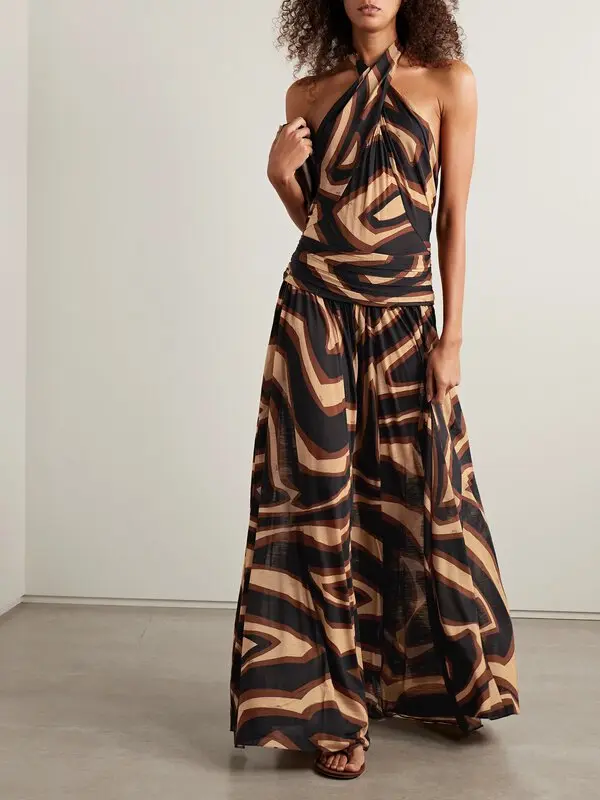 Emilio Pucci Draped Printed Halterneck Maxi Dress - Gold | Editorialist