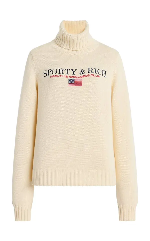 SPORTY & RICH Nautical Knitted Cotton Turtleneck Sweater - Ivory