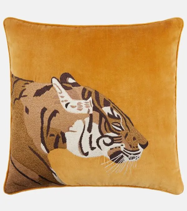 LES-OTTOMANS Embroidered Cotton Velvet Cushion - Brown