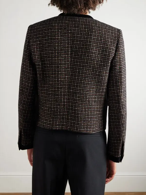 Valentino Garavani Houndstooth Wool-blend Jacket With Velvet Trims