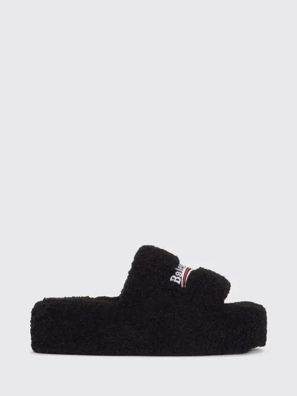 Balenciaga Shearling Wedge Slide Sandals With Embroidered Logo - Black