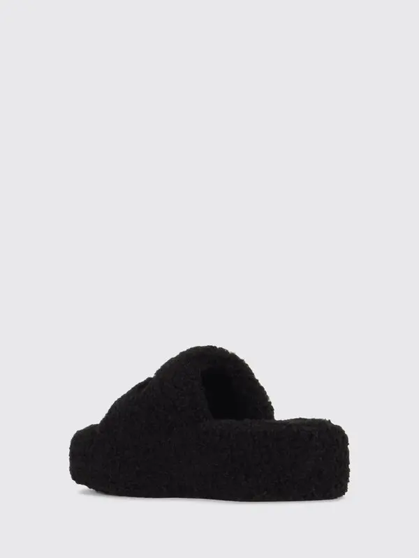 Balenciaga Shearling Wedge Slide Sandals With Embroidered Logo - Black
