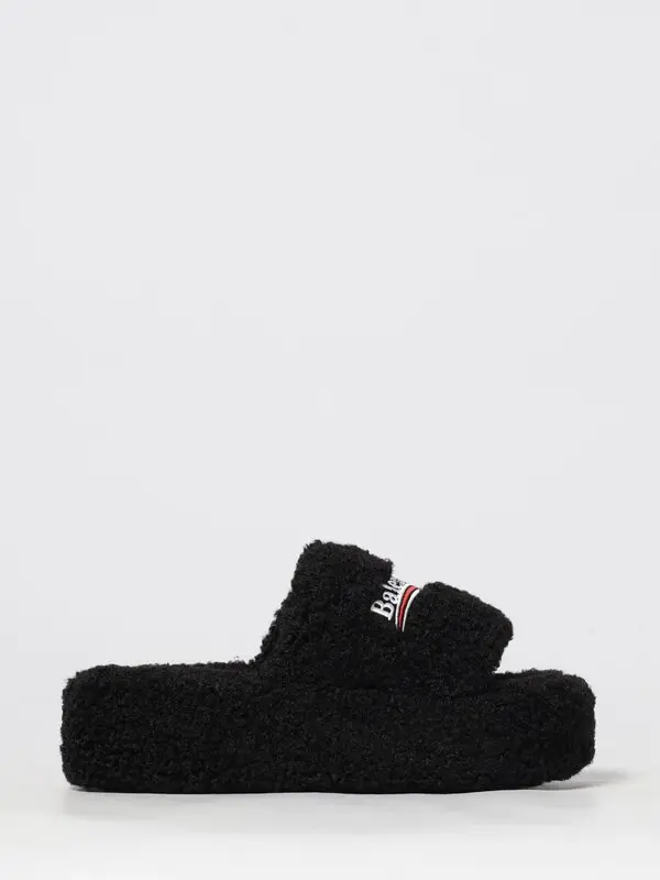 Balenciaga Shearling Wedge Slide Sandals With Embroidered Logo - Black