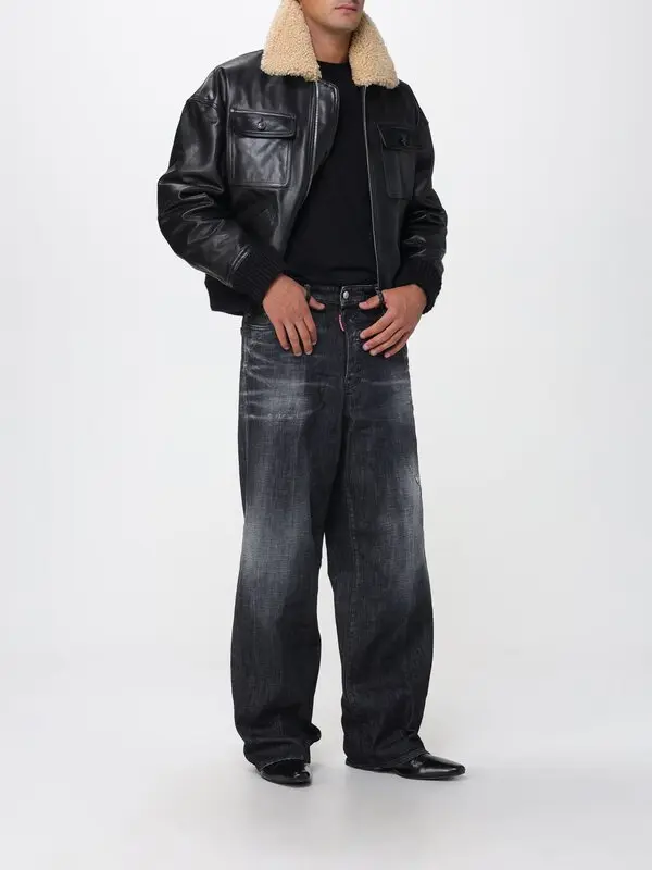 Dsquared2 Leather Bomber Jacket With Shearling Collar