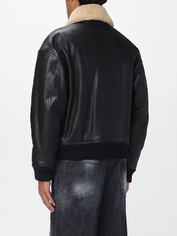 Dsquared2 Leather Bomber Jacket With Shearling Collar