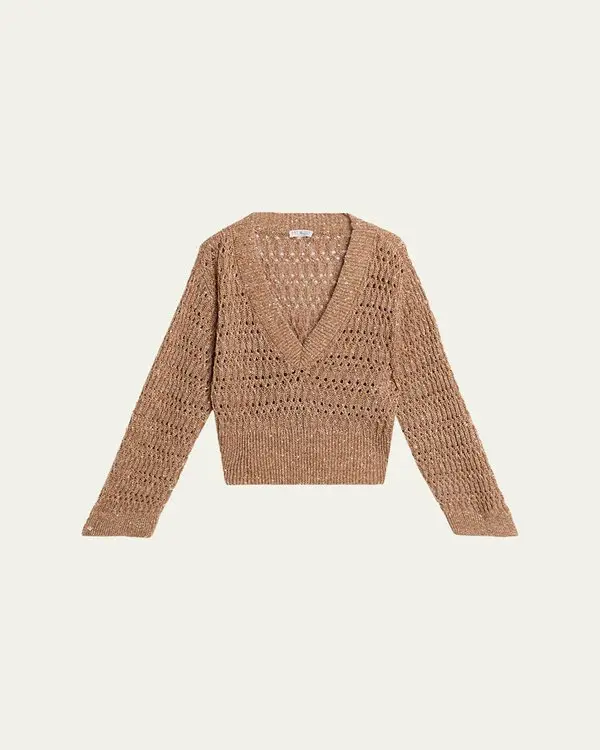 Brunello Cucinelli Openwork Braided Paillette Linen V-neck Sweater - Bruciato