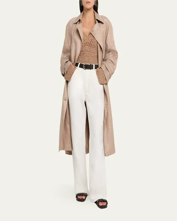 Brunello Cucinelli Openwork Braided Paillette Linen V-neck Sweater - Bruciato