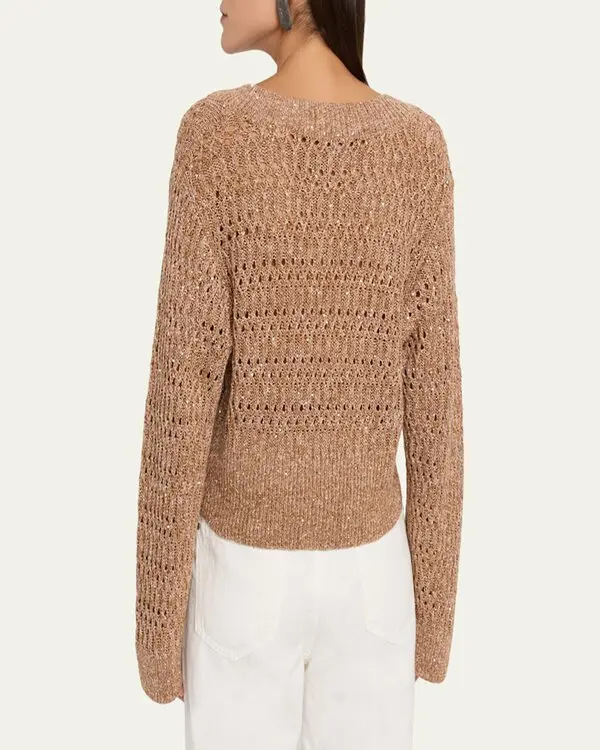 Brunello Cucinelli Openwork Braided Paillette Linen V-neck Sweater - Bruciato