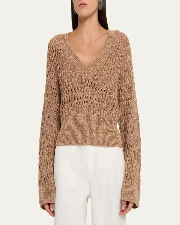 Brunello Cucinelli Openwork Braided Paillette Linen V-neck Sweater - Bruciato