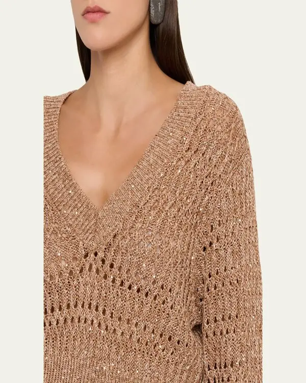 Brunello Cucinelli Openwork Braided Paillette Linen V-neck Sweater - Bruciato