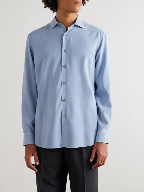 Zegna Spread-collar Mulberry Silk Shirt - Blue