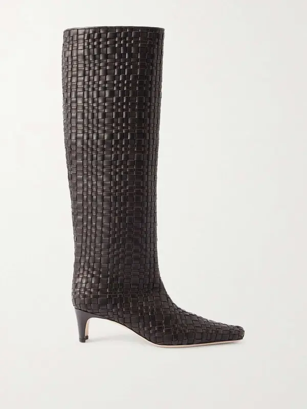 Staud Wally Woven Leather Knee Boots - Dark Brown