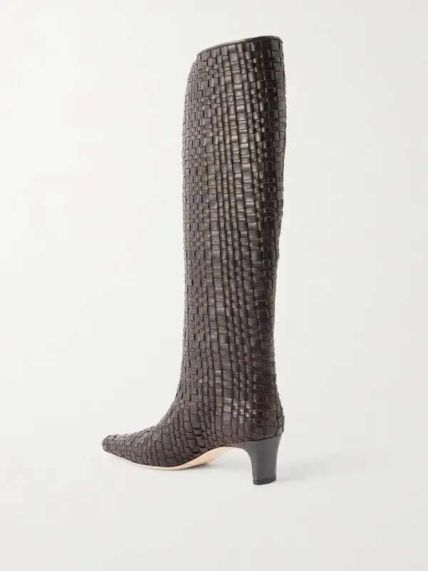 Staud Wally Woven Leather Knee Boots - Dark Brown