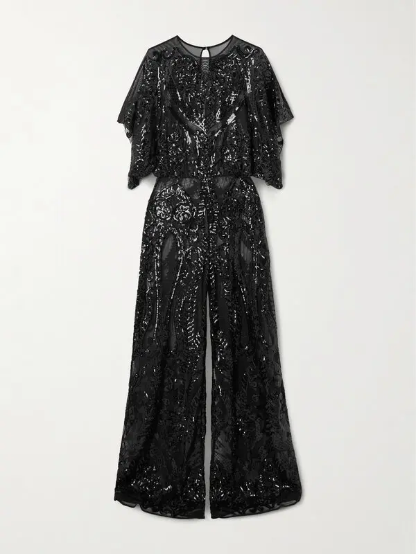 Norma Kamali Obi Sequined Chiffon Wide-leg Jumpsuit - Black