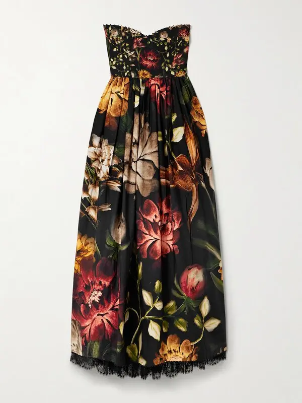 Agua Bendita Tonia Paramo Strapless Floral-print Cotton-poplin Midi Dress - Black