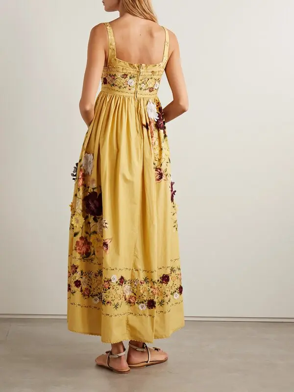 Agua Bendita Barbara Paramo Pleated Appliquéd Floral-print Cotton-poplin Midi Dress