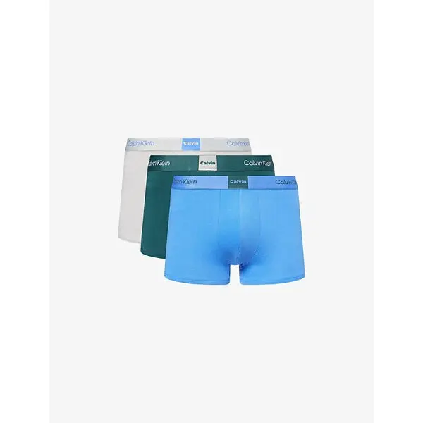 Calvin Klein Icon Stretch-cotton Trunks Pack Of Three - Grey,pine, Iris Bliss
