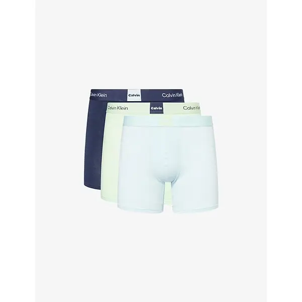 Calvin Klein Icon Stretch-cotton Boxer Briefs Pack Of Three - Green,shore,airy Blue
