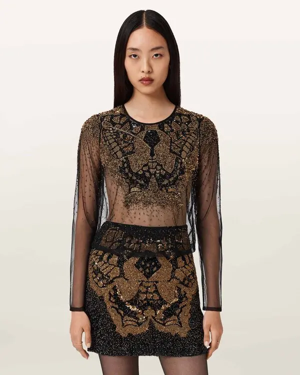 ALLSAINTS Greta Butterfly Embellished Top - Black/gold
