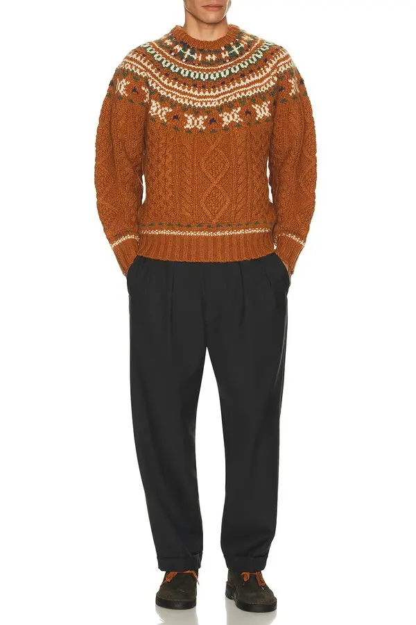 BEAMS Crew Nordic Cable Sweater - Brick