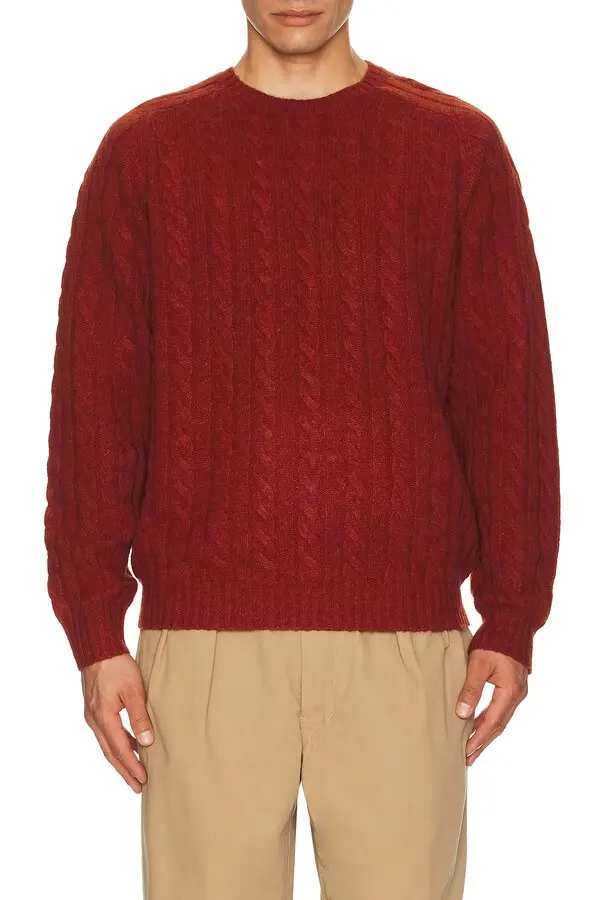 BEAMS Crew Cable 5g Sweater - Brick